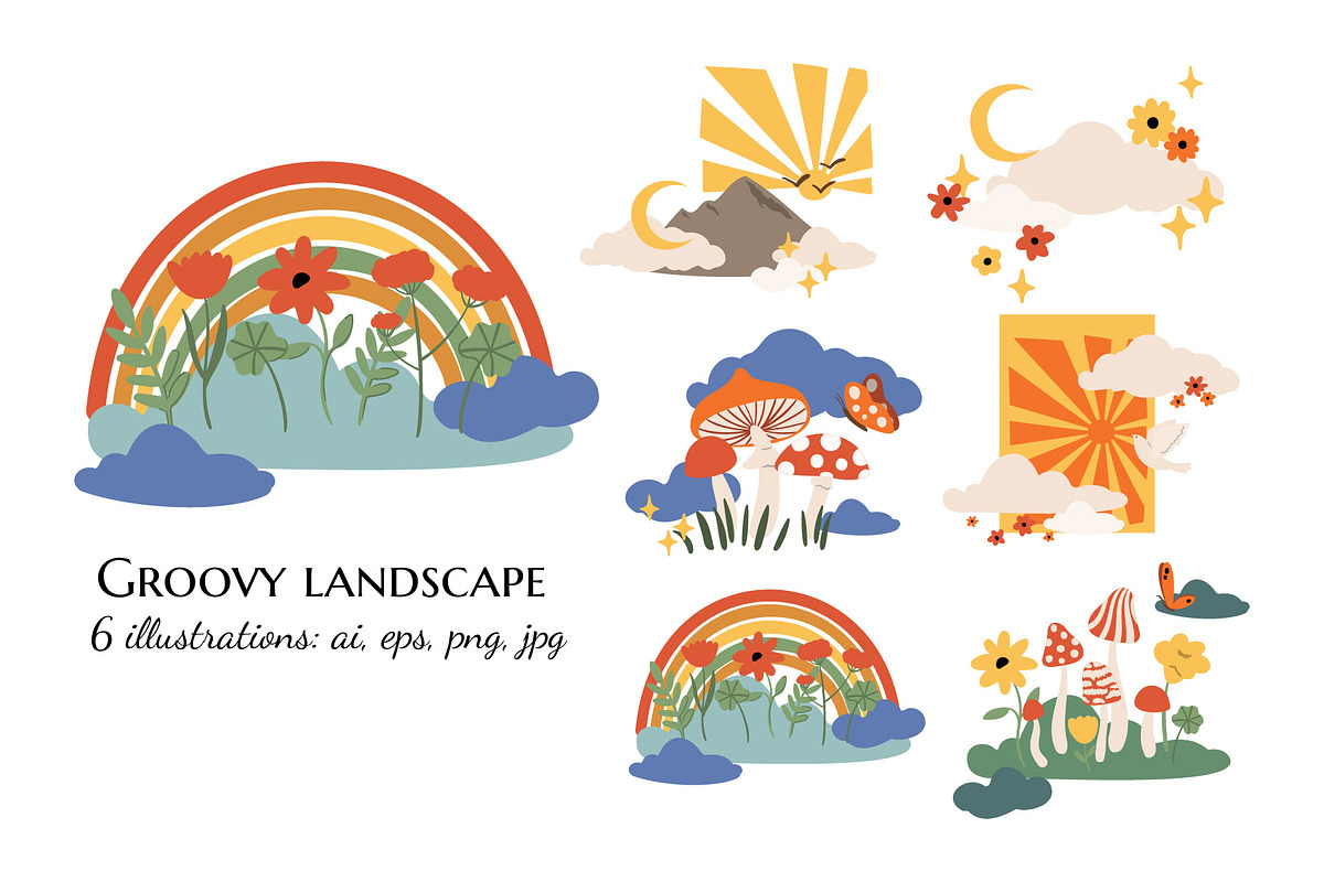 retro groovy illustrations clipart, a Decorative Illustration by ...