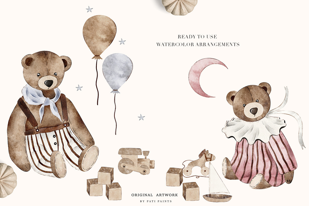 Watercolor Vintage Teddy Bear Set