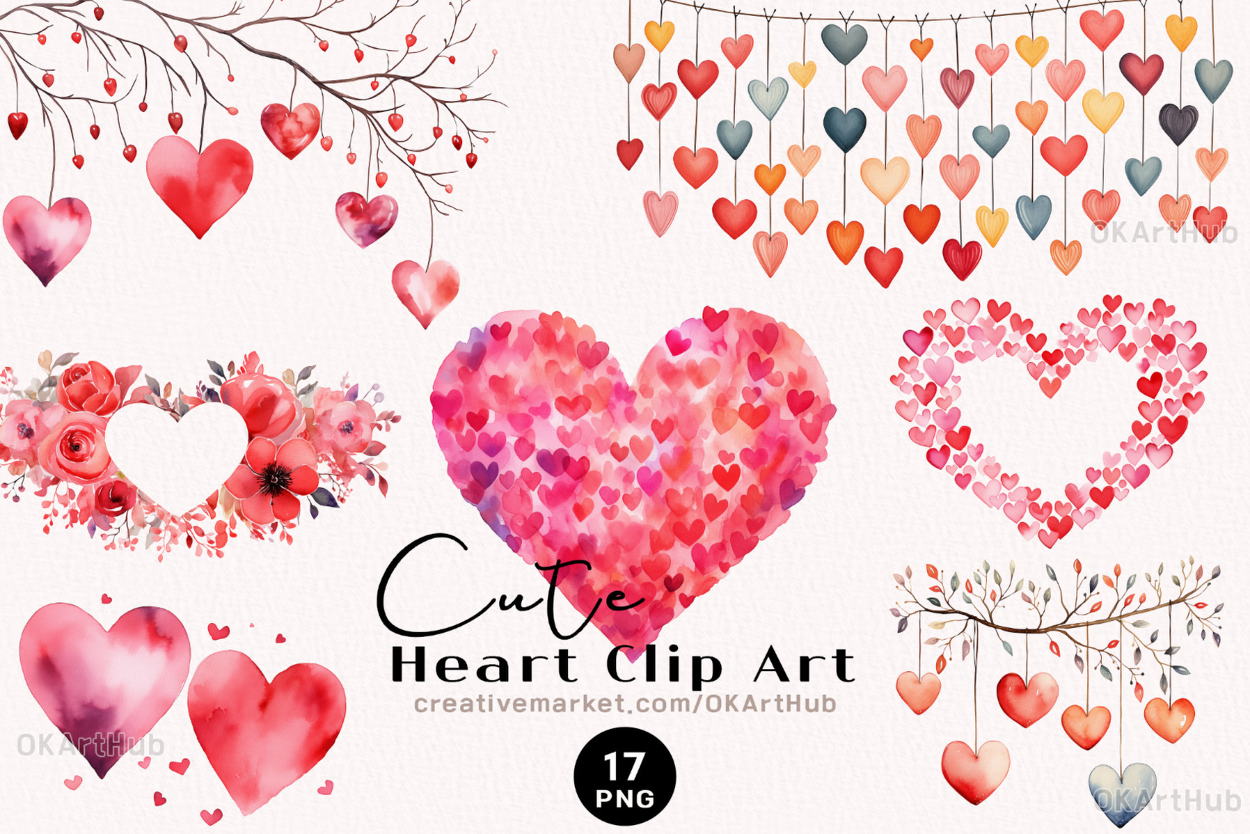 Watercolor Valentine Heart Clipart, a Decorative Illustration by OKArtHub