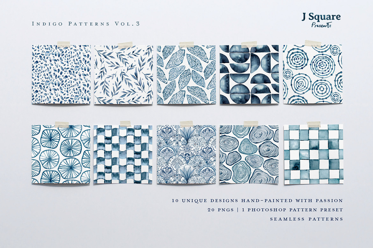 Watercolor Indigo Patterns Vol.3, a Pattern Graphic by JSquarePresents ...