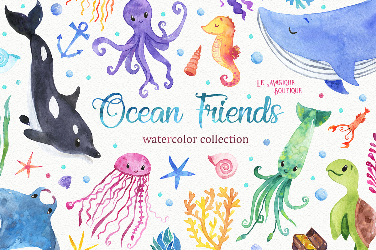 Ocean Friends Watercolor Clipart, an Animal Illustration by ...