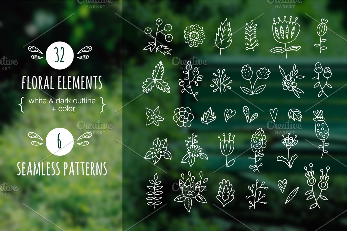 32 floral elements + patterns, an Illustration by Redchocolate