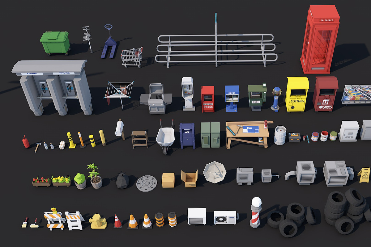 Low Poly Exterior City Street Props, an Architecture 3D Model by ...