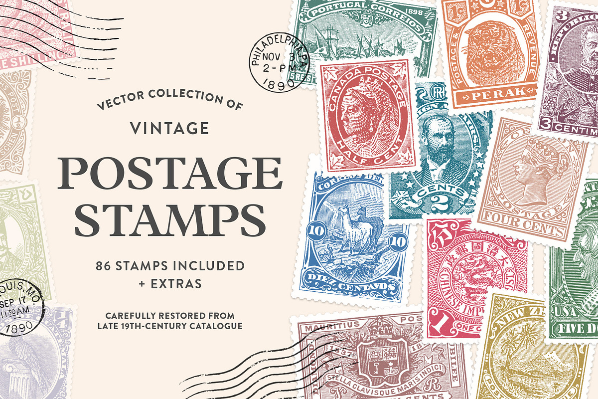 Vintage Postage Stamps Collection, an Object Graphic by Graphic Goods