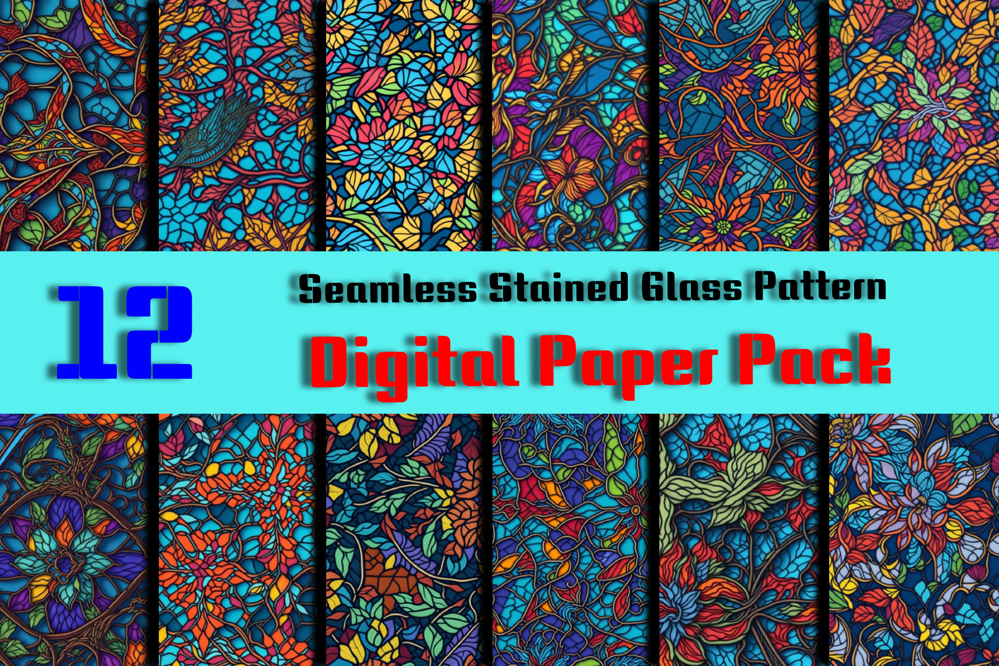 12 Seamless stained glass pattern digital paper pack