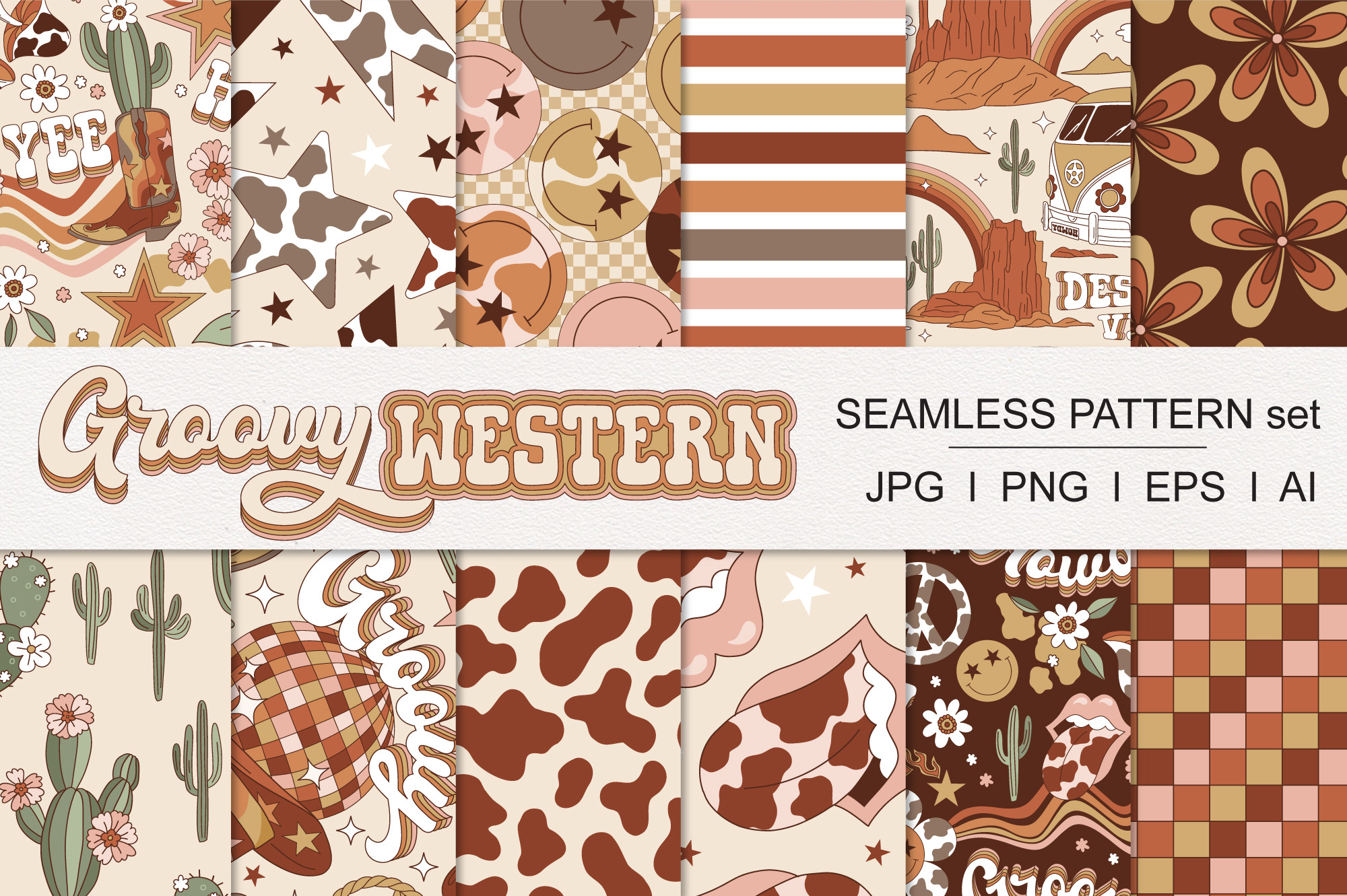 Groovy Western pattern set, a Pattern Graphic by @olga.angelloz