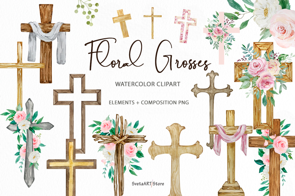 Watercolor Floral Cross Clipart, a Seasonal Illustration by SvetaArtStore
