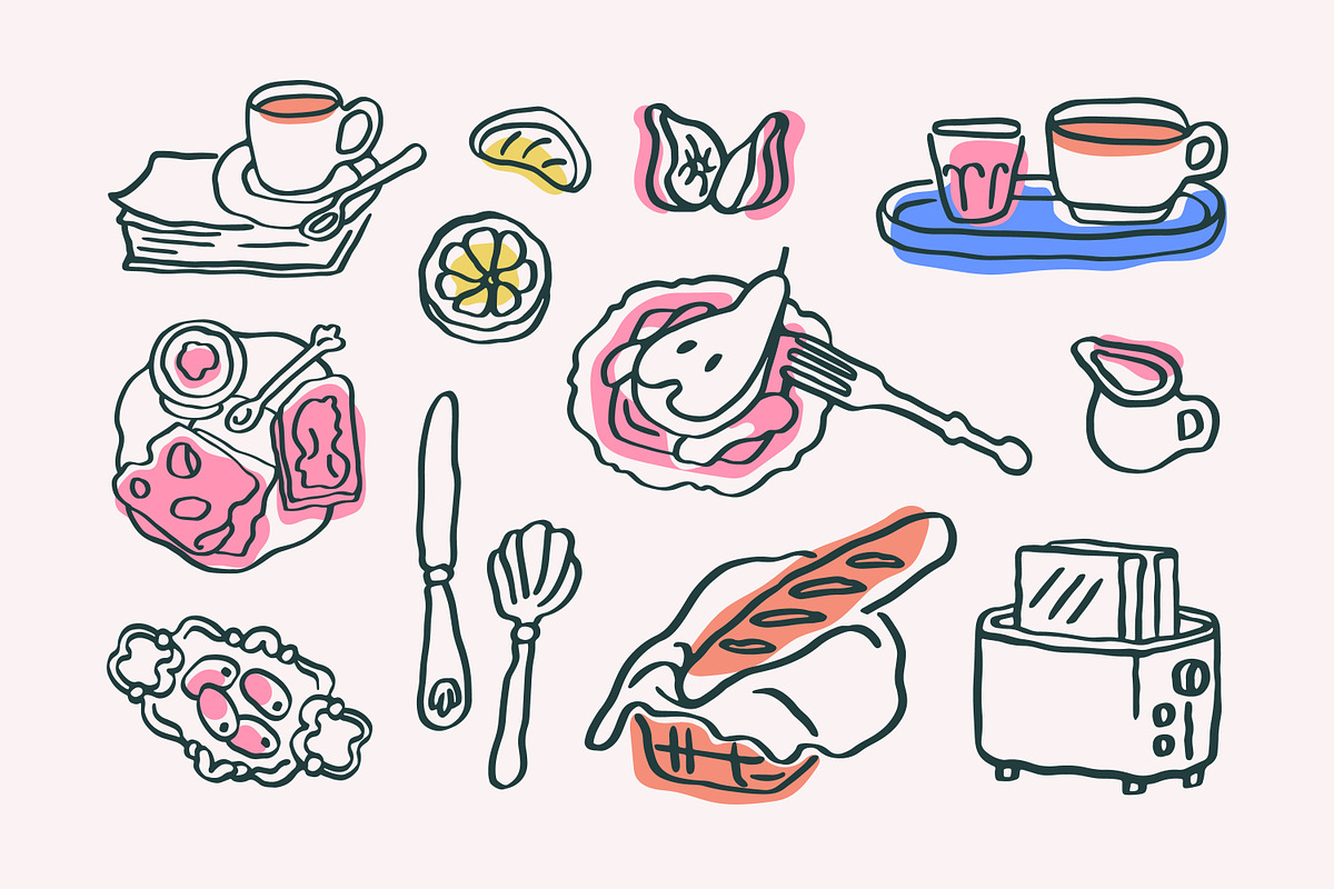 Breakfast food, doodle drawings set, a Food Illustration by Good Studio