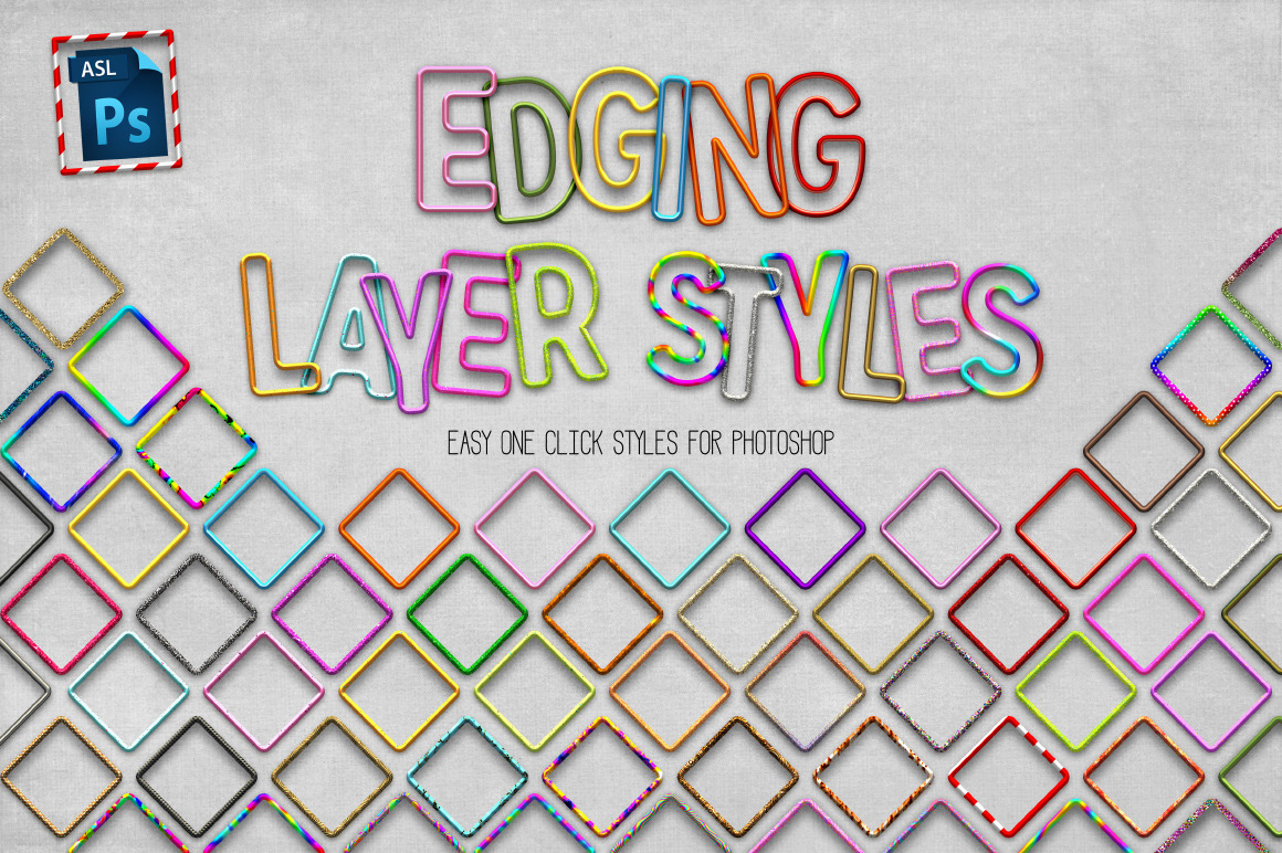 70 Photoshop Edging Styles, a Layer Style Add-On by Heather Green Designs