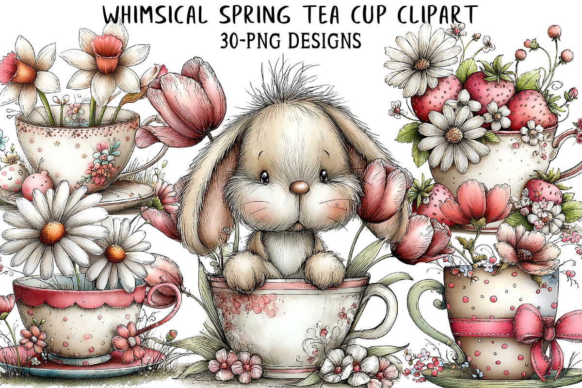 Whimsical Spring Tea Cup Clipart, an Illustration by Daily.Designs