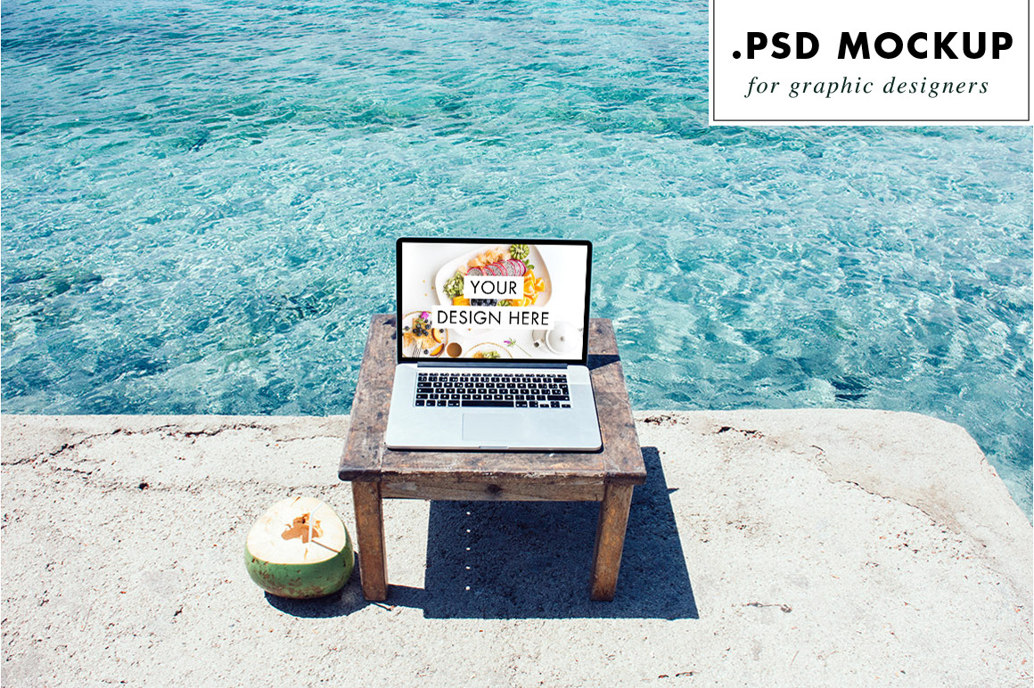 Laptop PSD mockup at the beach, a Mac Mockup by Travelling Mockups