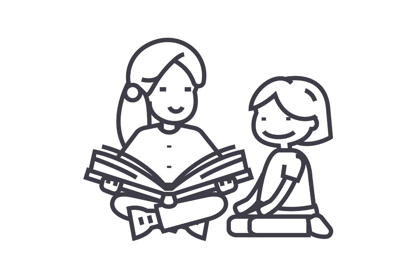 kindergarten teacher,woman reading book to girl vector line icon, sign ...