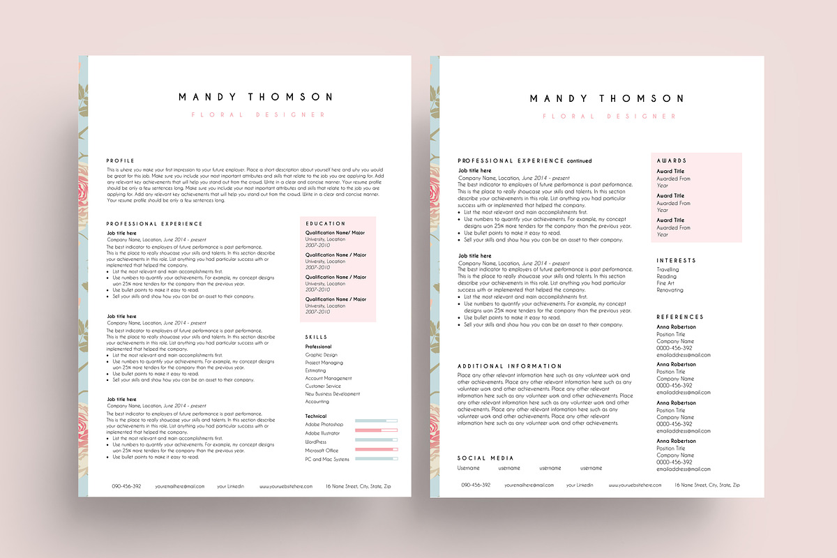 creative resume template word floral, a Resume Template by PinkJellyfish