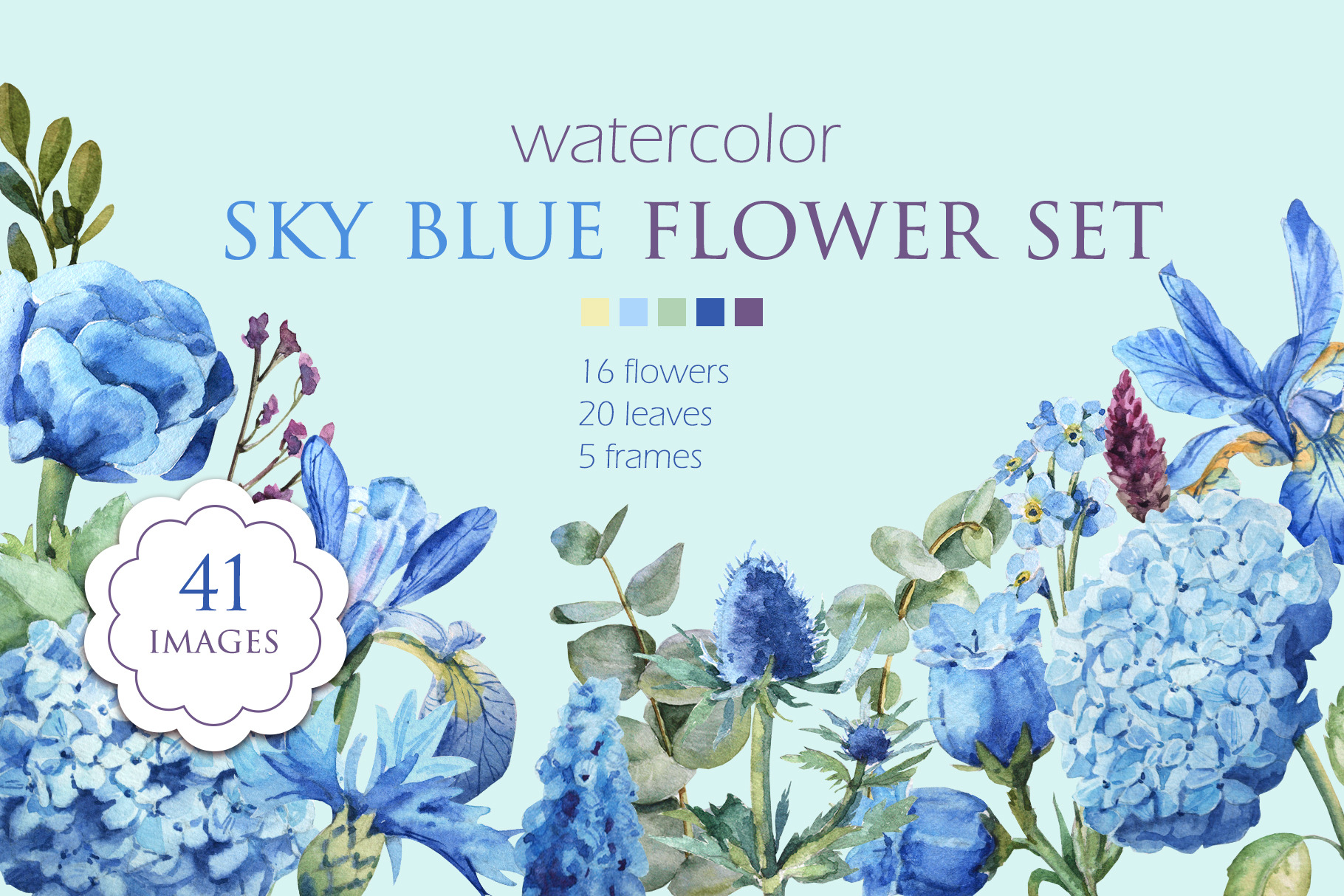 Watercolor sky blue flower set, an Illustration by Mirra's twig