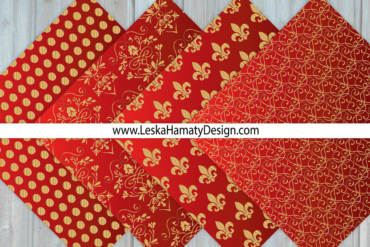 Gold and Red Digital Paper, a Pattern Graphic by Leska's Digitals