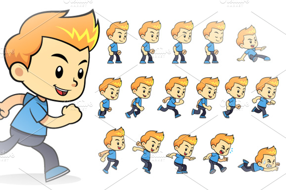 Blue Shirt Boy Game Sprites, an Illustration by mikailain