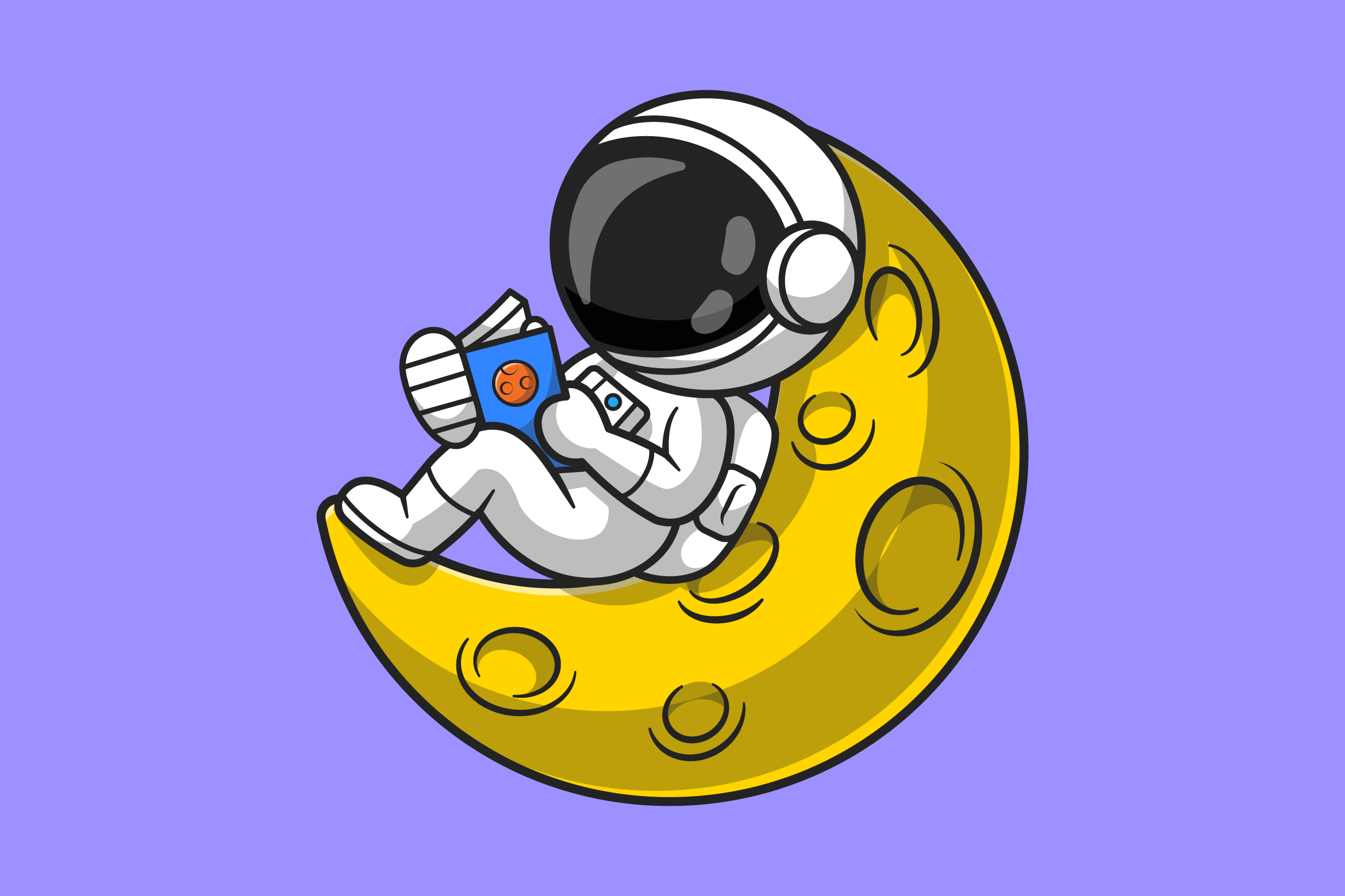 Cute Astronaut Reading Book On Moon, a Technology Illustration by ...