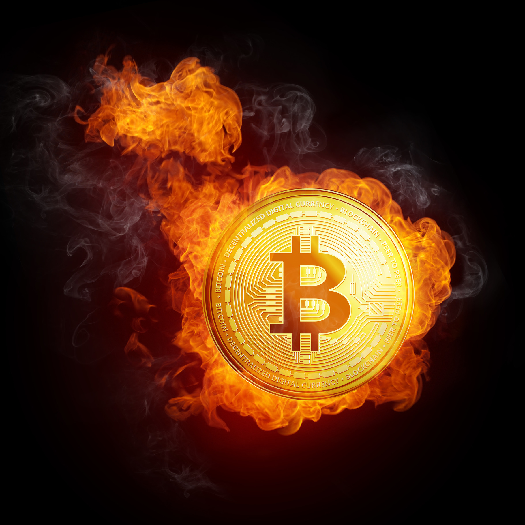 Golden bitcoin coin falling in fire flame., an Icon by Visual Generation