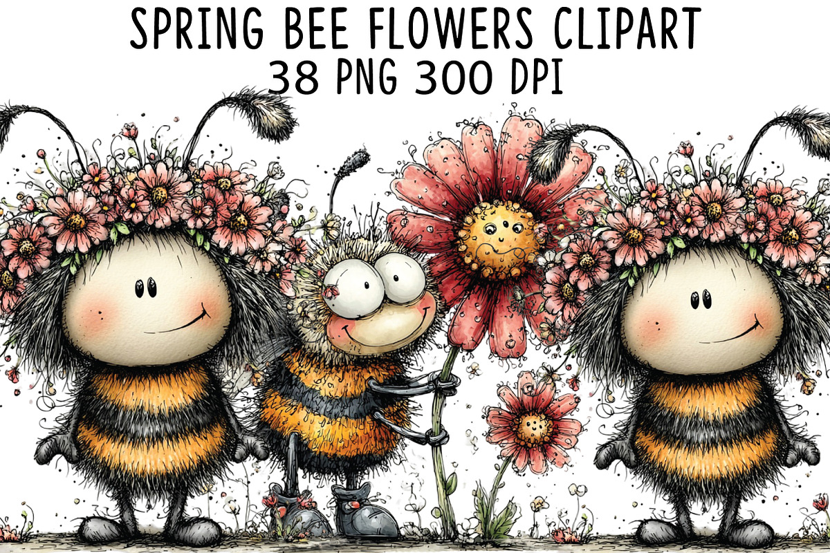 Spring Bee Flowers Clipart, an Illustration by CraftArtStudio