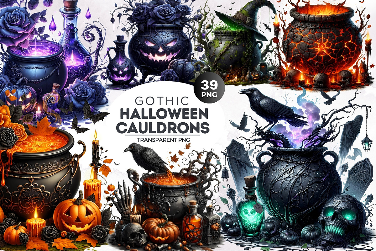 Halloween witch cauldron Clipart Set, a Seasonal Illustration by ...