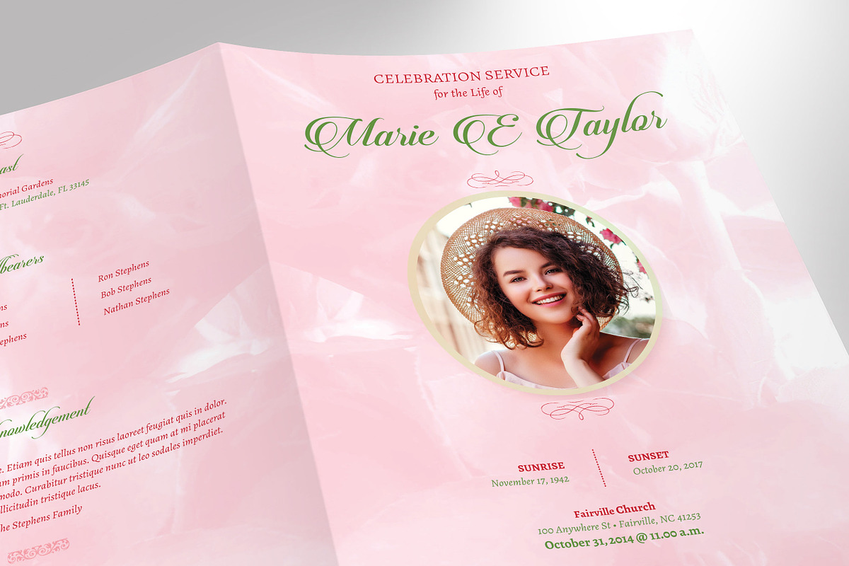 Pink Rose Funeral Program Large Word