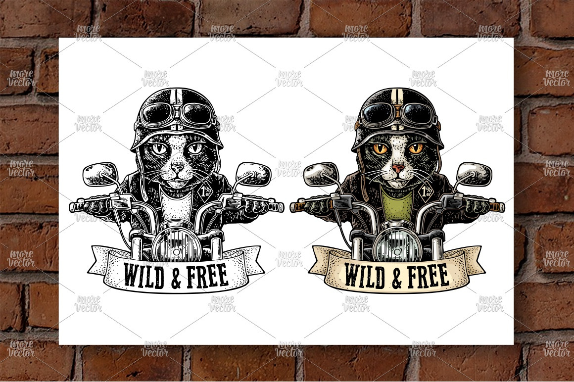 Cat biker motorcycle engraving, an Animal Illustration by MoreVector