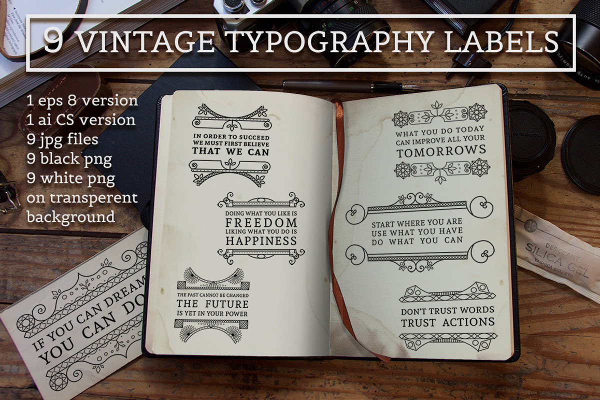 9 Vintage Typography Labels, an Object Graphic by dacascas