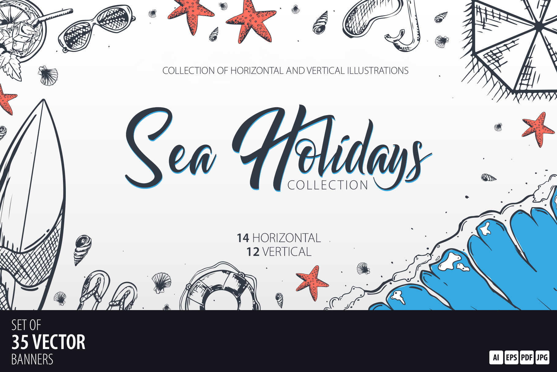 Sea Holidays - 35 Vector Sketches, a Social Media Template by Leo Edition