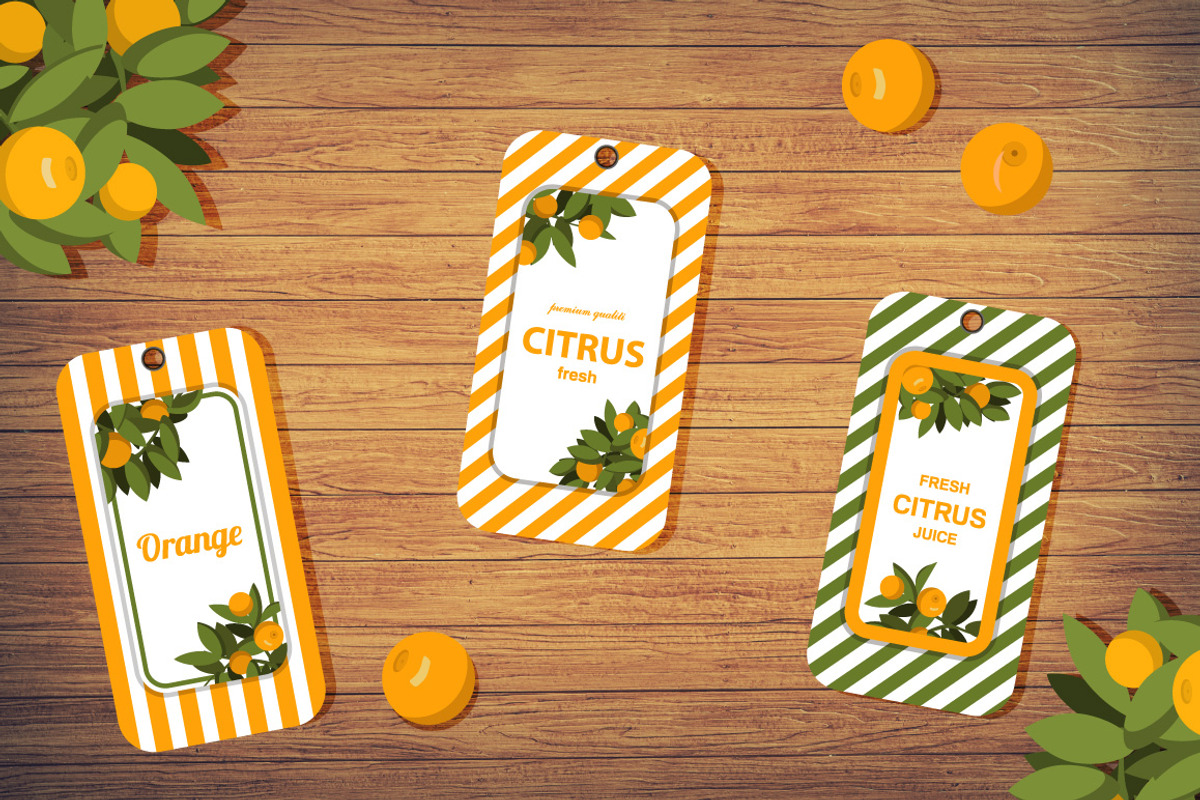 A set of labels with oranges fruits, a Food Illustration by Dukesn