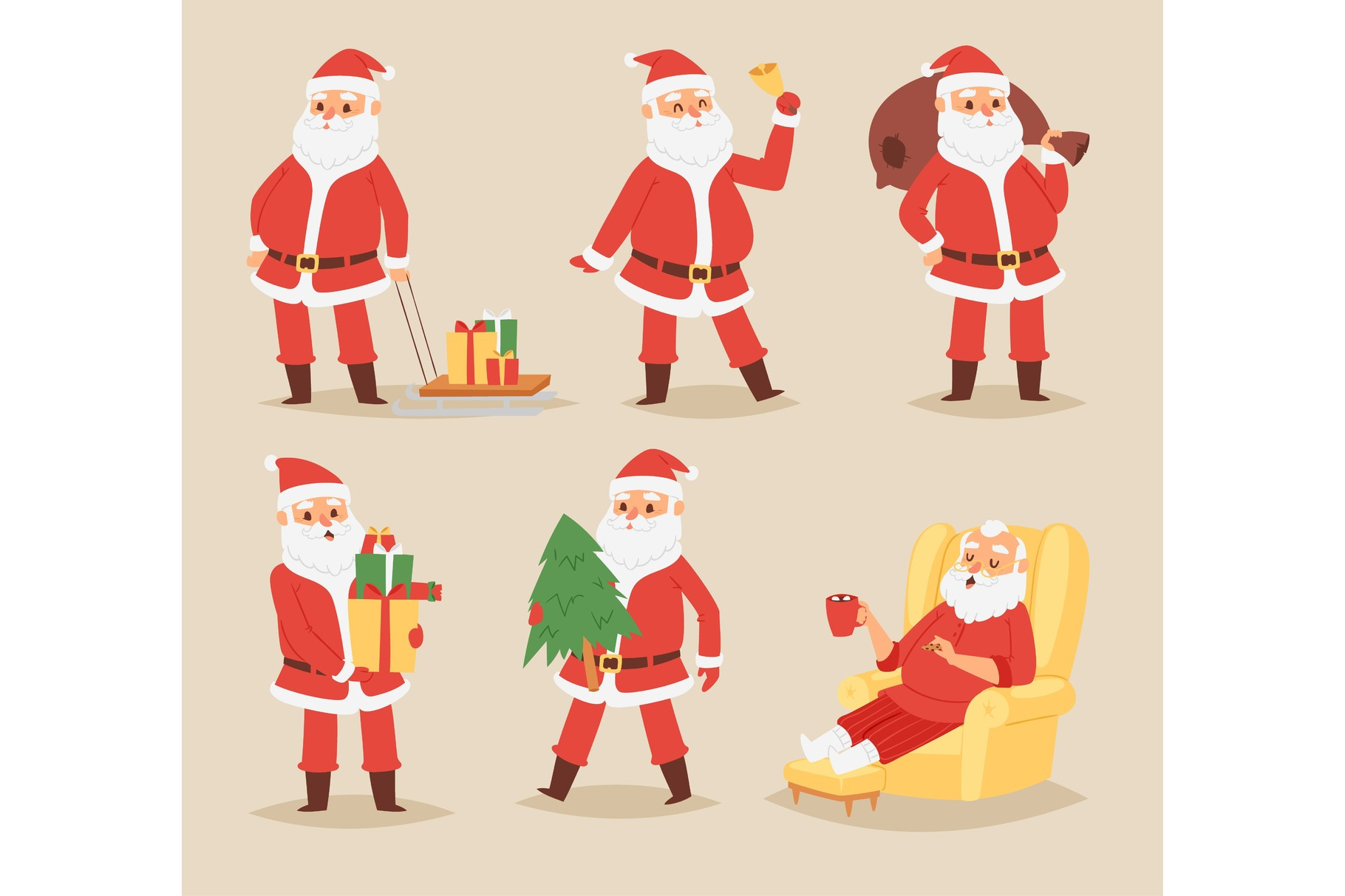 Christmas Santa Claus vector character poses illustration Xmas man in ...