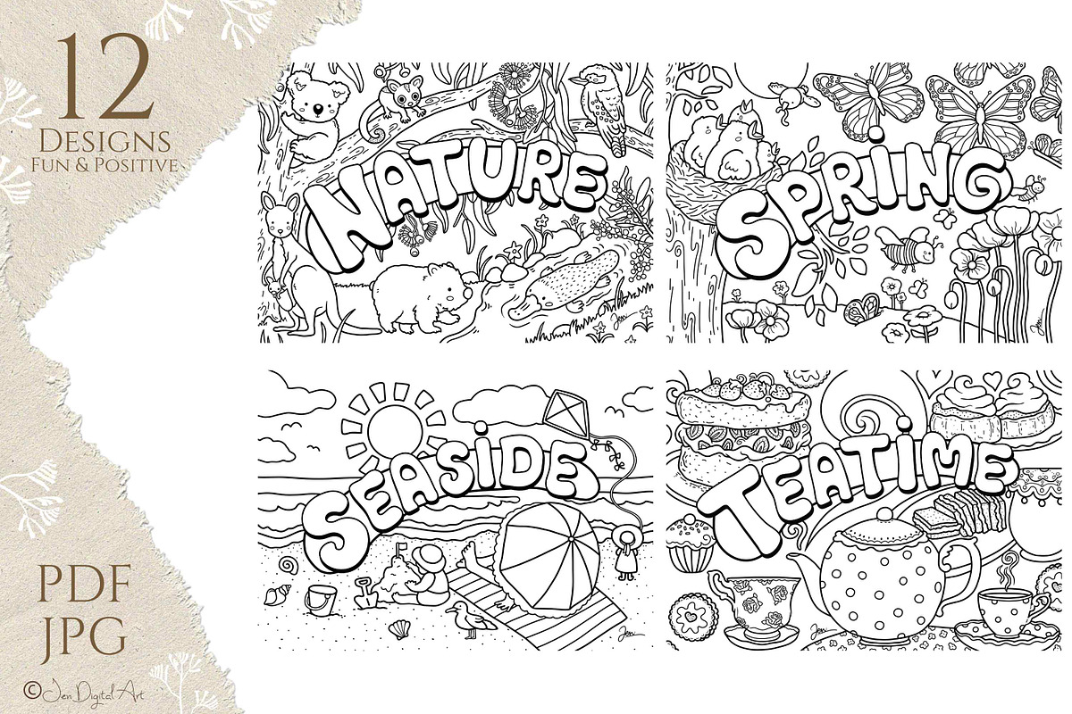 Postcards - 12 Colouring Pages, an Animal Illustration by Jen Digital Art