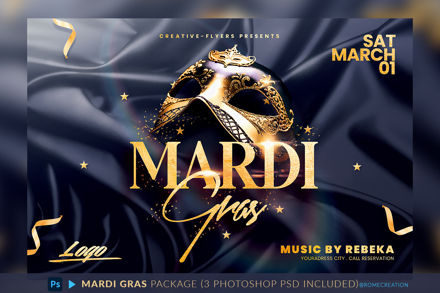Mardi Gras Invitations - PSD Package, a Poster Template by Rome B Creation