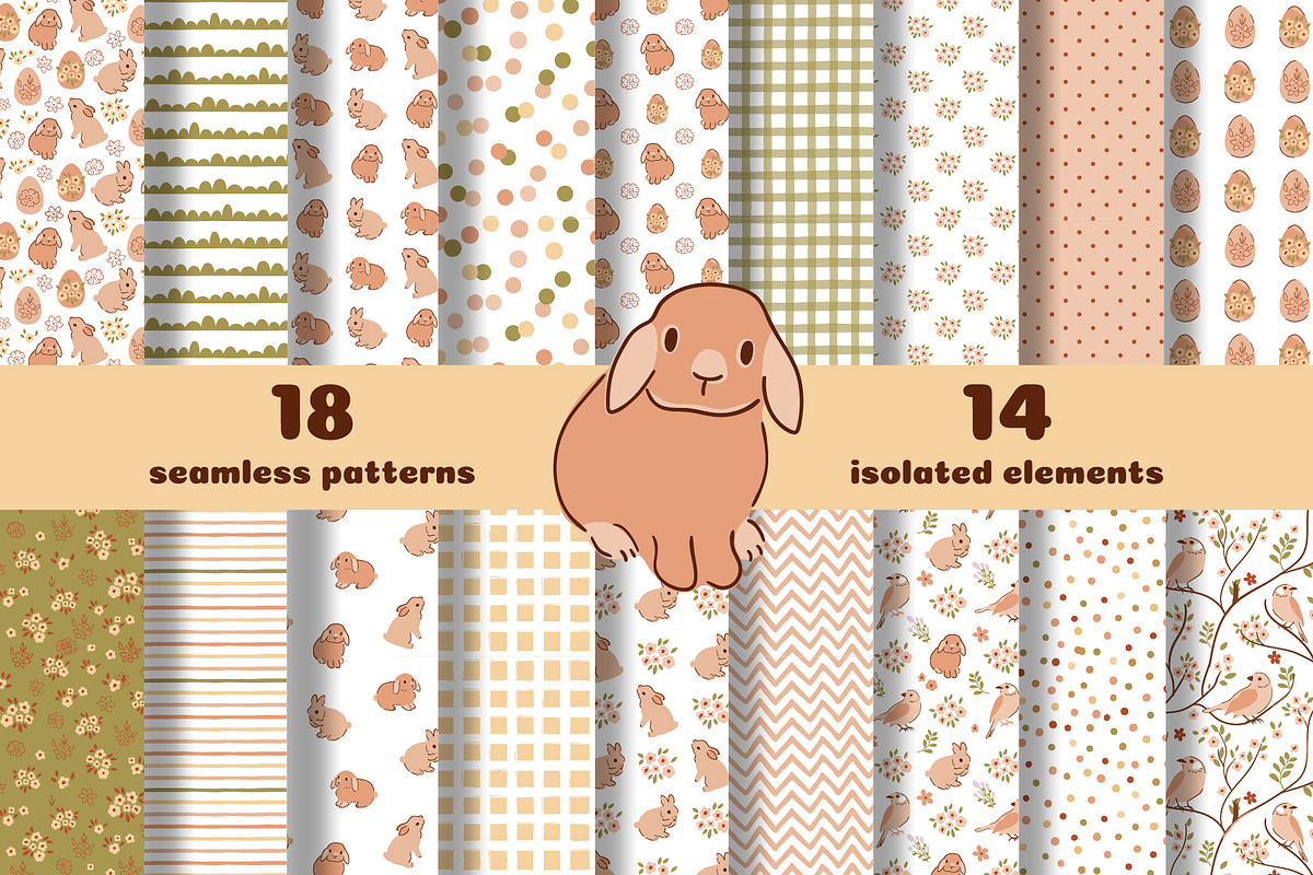 Easter digital paper pack with naive baby rabbit, sparrow birds, Easter ...
