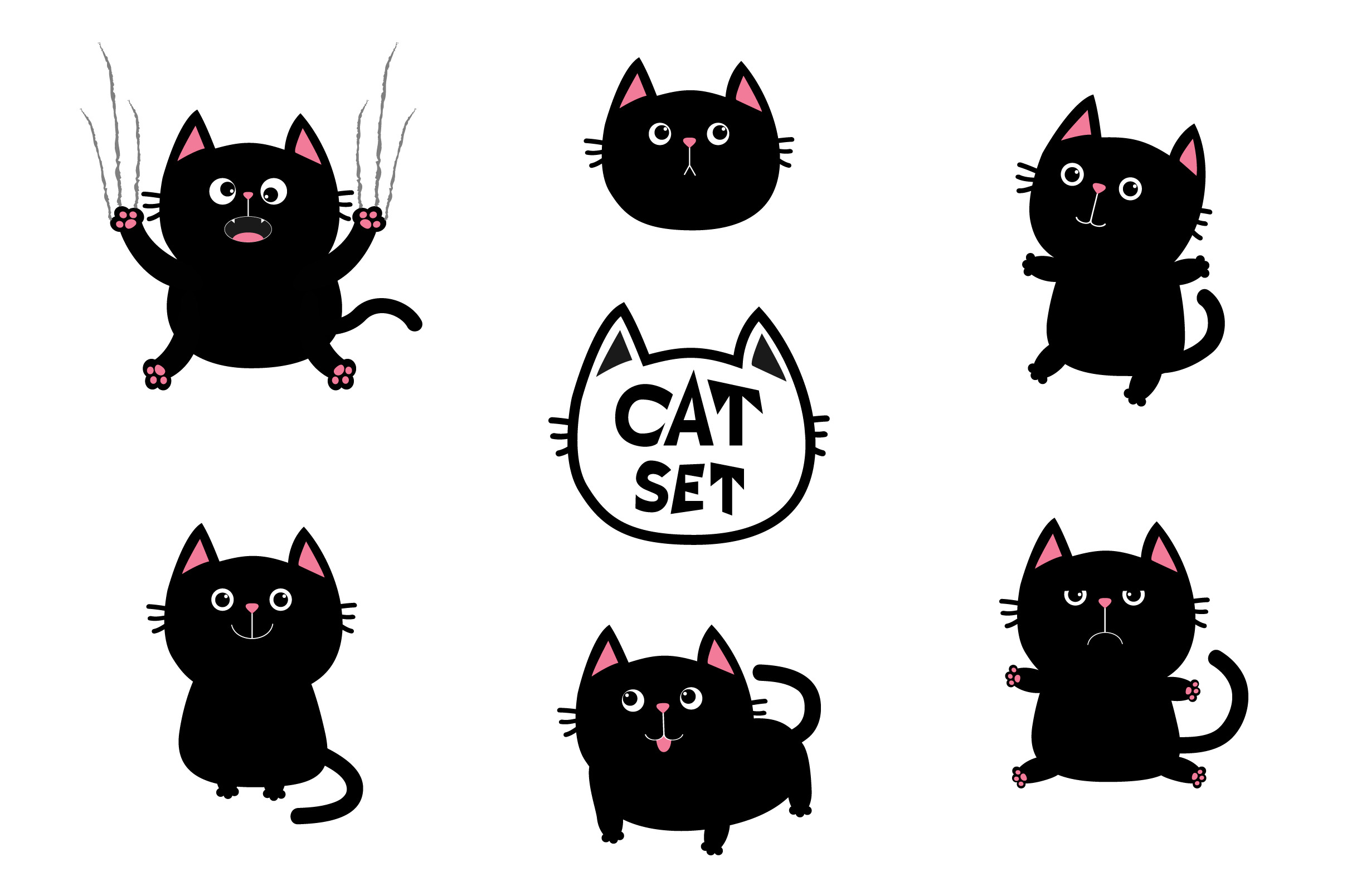 Cute black fat cat set., an Animal Illustration by Worldofvector