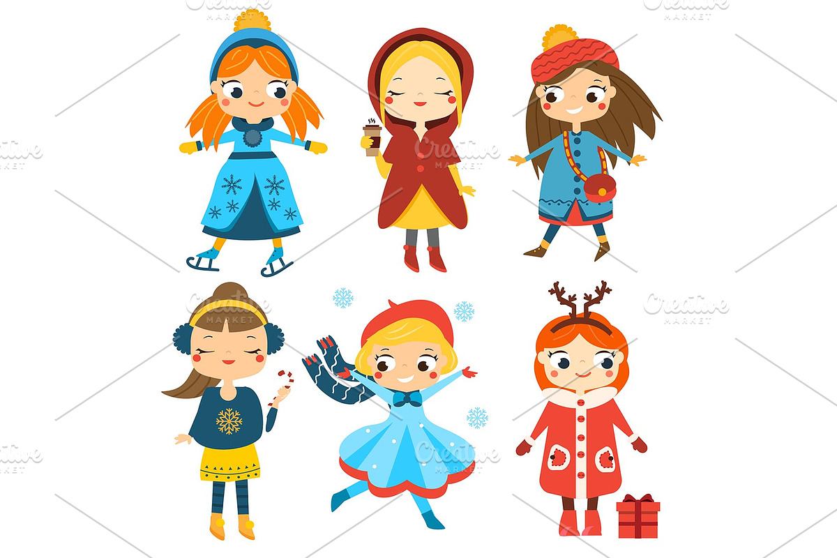 Winter kids. Cute girls activity, a Seasonal Illustration by Bunny's ...