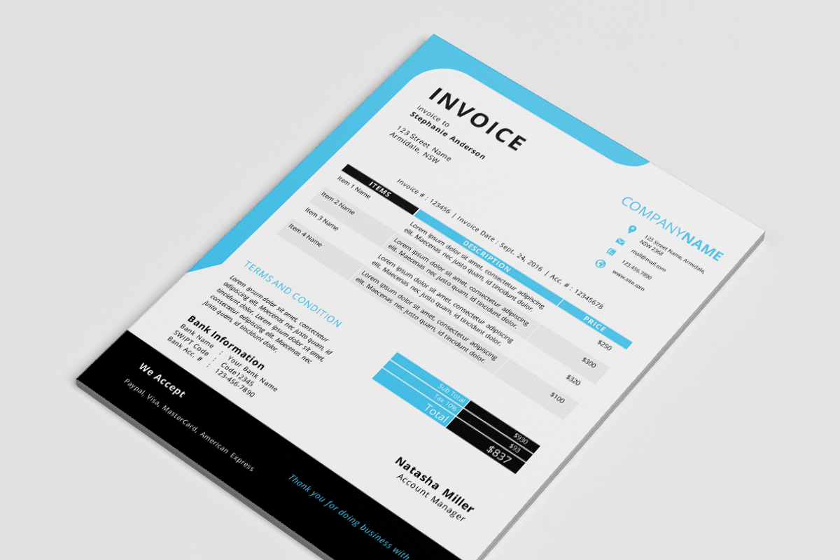 Curve border invoice template (docx), a Stationery Template by Inkpower