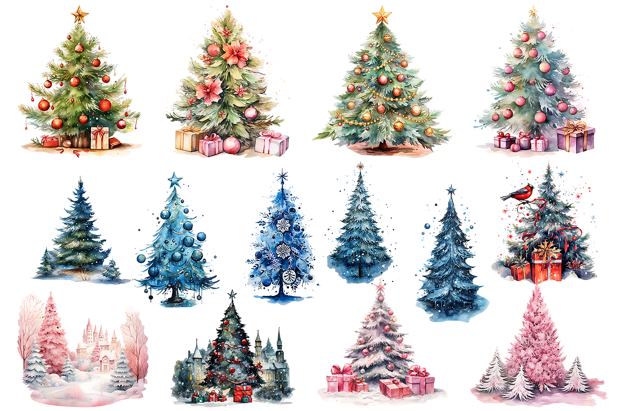 Watercolor Christmas tree clipart, a Decorative Illustration by ...