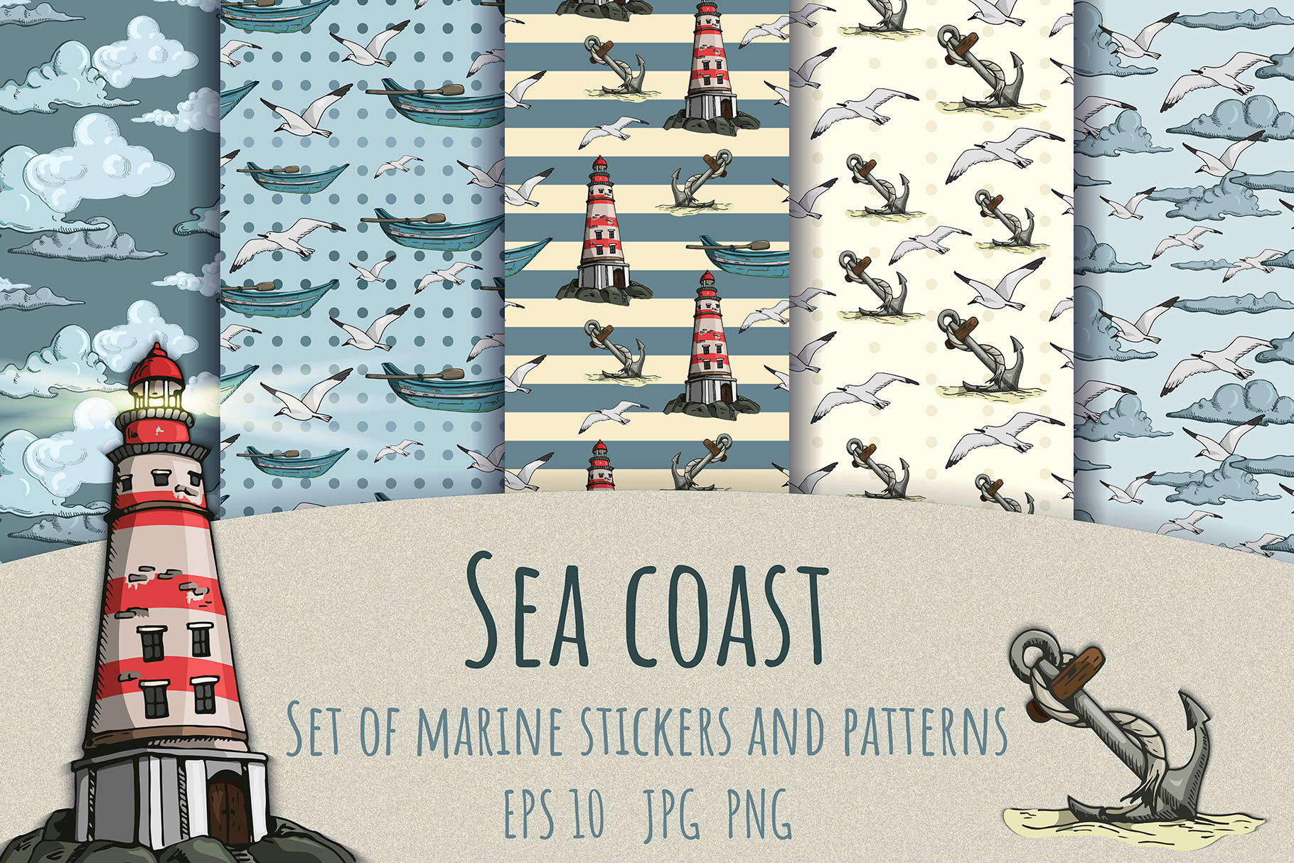 Sea coast. Stickers and Patterns, an Illustration by HmarkaShop