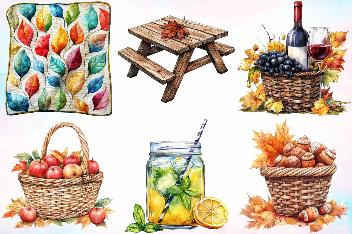 Watercolor Fall Picnic Clipart PNG, a Seasonal Illustration by Canvas Craft