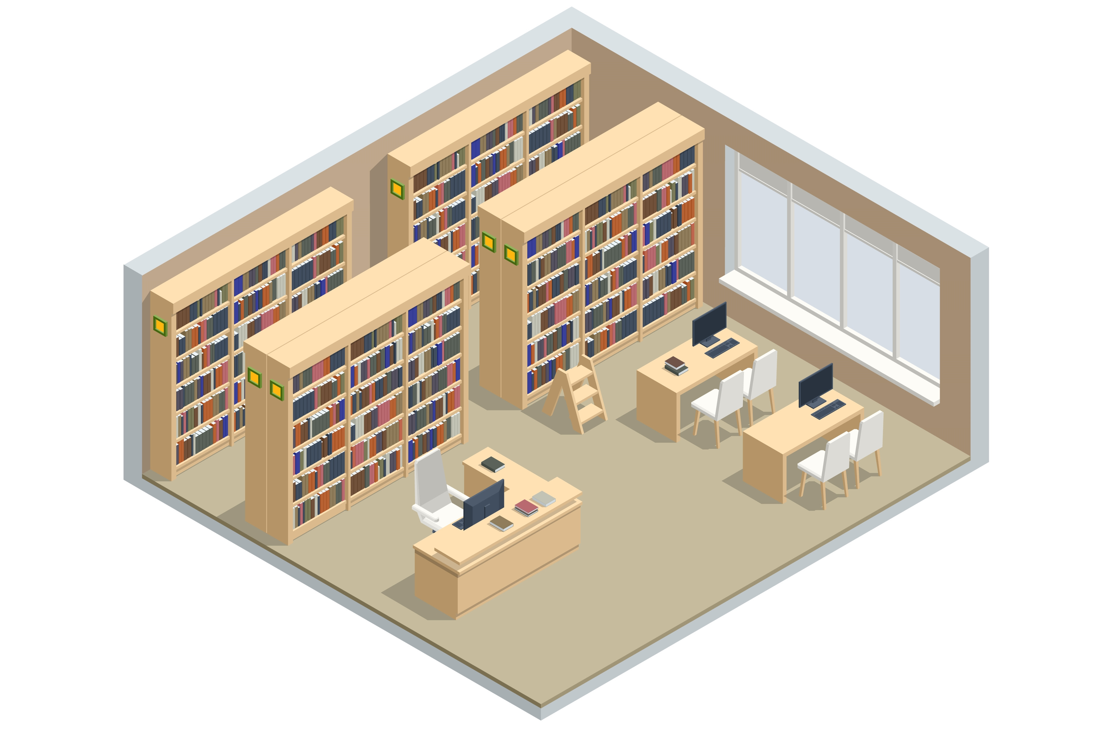 Isometric Bookshelves in the Library | Education Illustrations ...