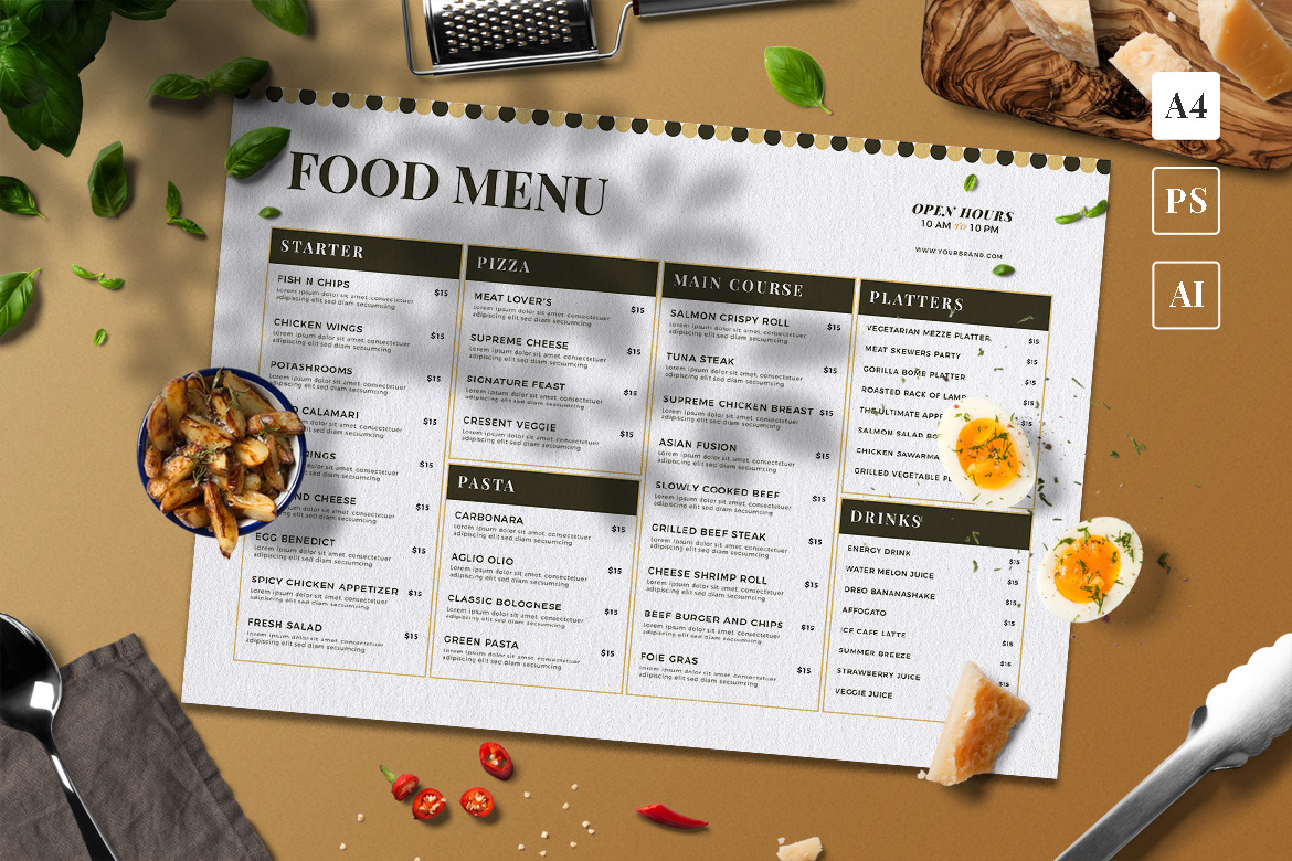 Modern Food Menu, a Print Template by The Savory Directors