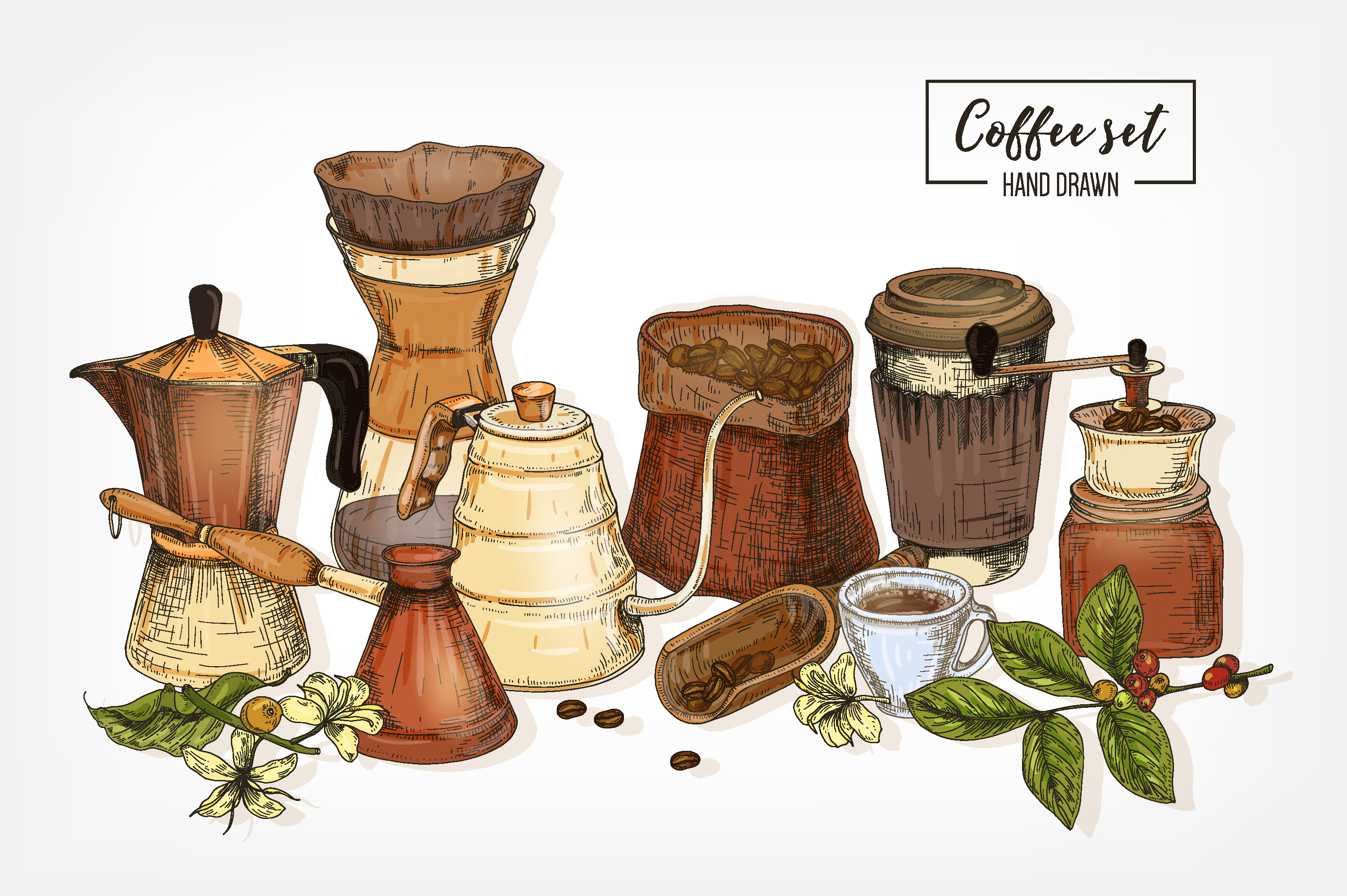 Hand drawn coffee set, a Food Illustration by Good Studio