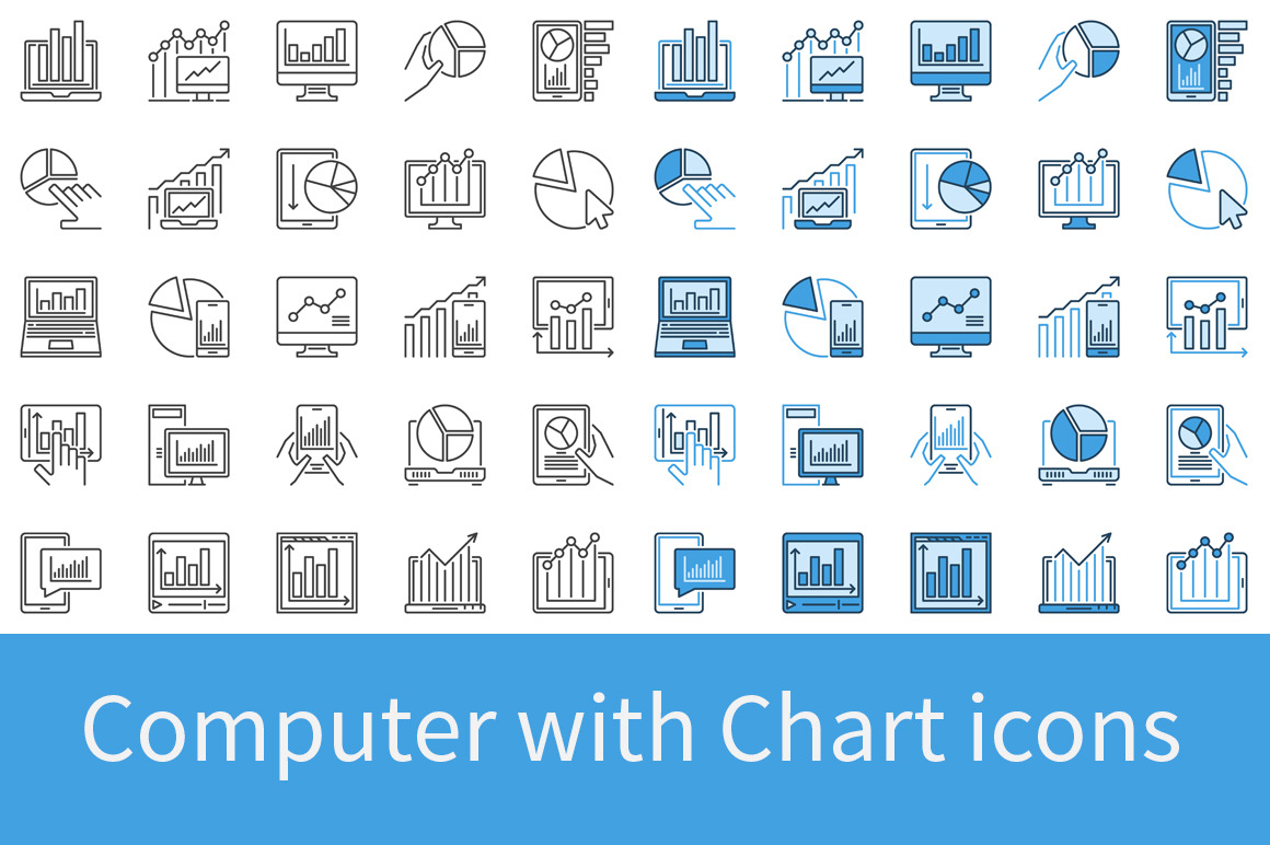 Computer with Chart or Graph icons, an Outline Icon by Venomous Vector