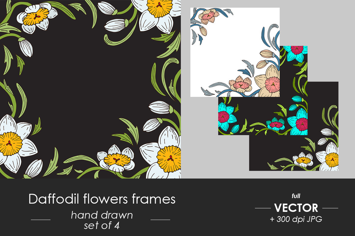 Daffodil flowers frame set of 4, a Decorative Illustration by OKart.studio