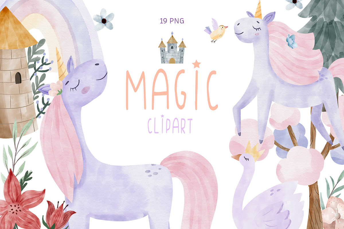 Watercolor magic unicorn clipart PNG, an Animal Illustration by SleptArt