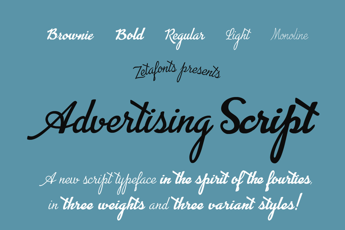 Advertising Script - 5 fonts, a Script Font by Zetafonts