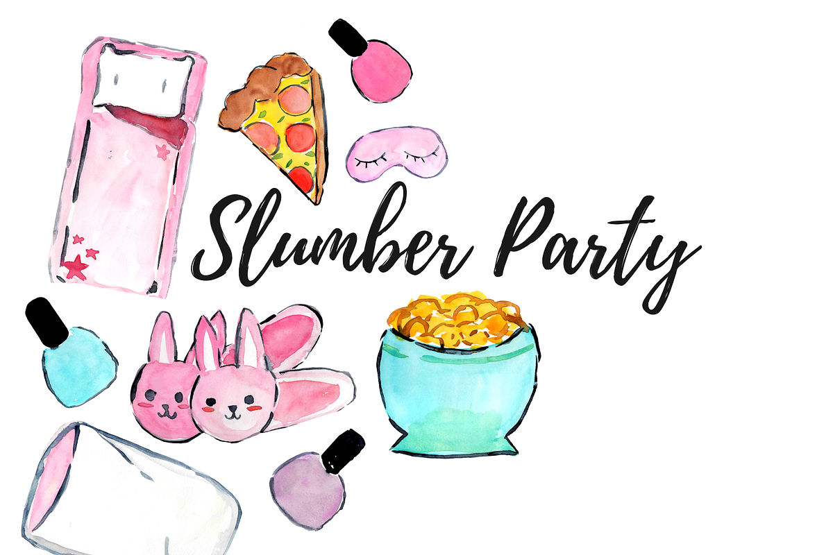 Watercolor slumber party clipart, an Illustration by Writelovely