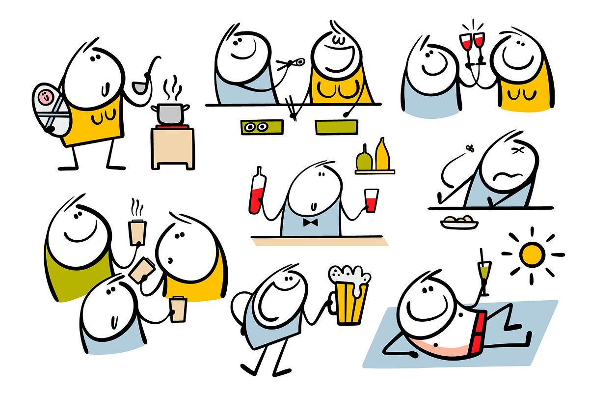 Stickman and food with drinks.