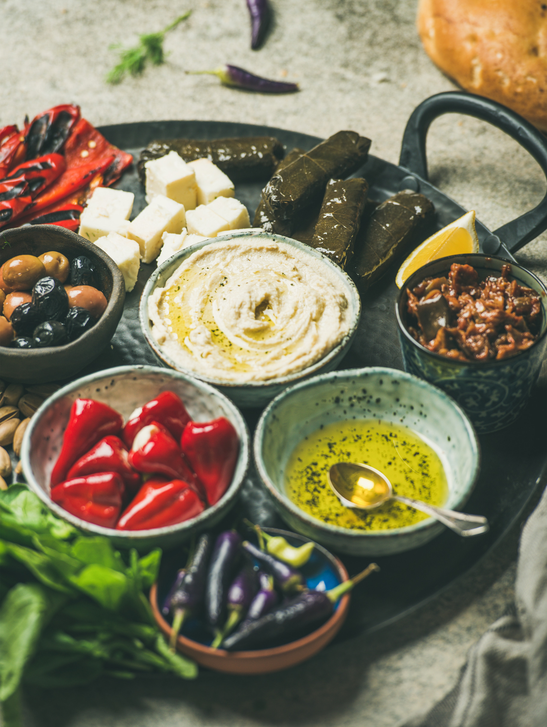 Mediterranean or Middle Eastern meze starter fingerfood platter in tray ...