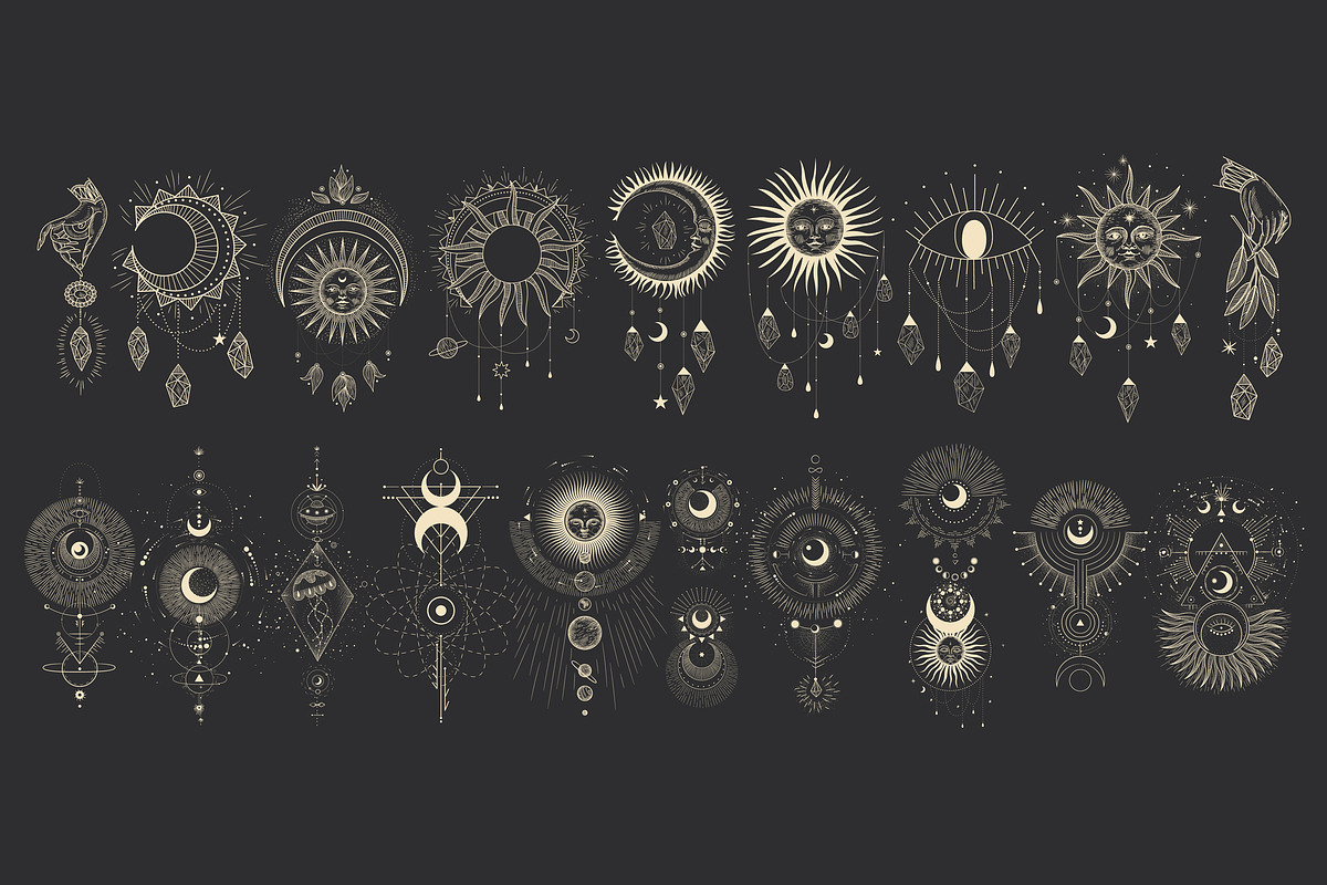 A set of elements. space, sun, moon, an Illustration by Chikovnaya